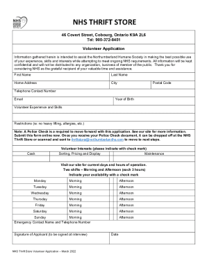 Fillable Online NHS Thrift Store - Volunteer Application .docx Fax ...