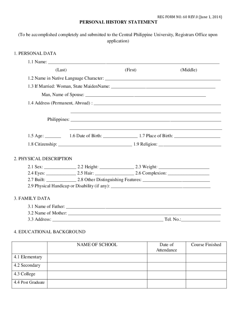 Fillable Online cpu edu Personal History Statement - Central Philippine ...
