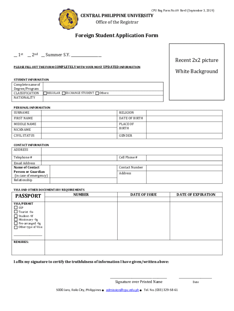 Fillable Online cpu edu Foreign Student Application Form PASSPORT Recent 2x2 ... Fax Email Print ...