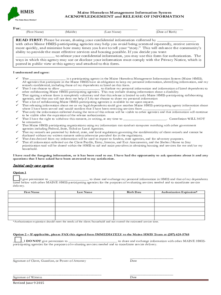 Fillable Online Maine's HMIS Authorization to Disclose Information Fax Email Print - pdfFiller