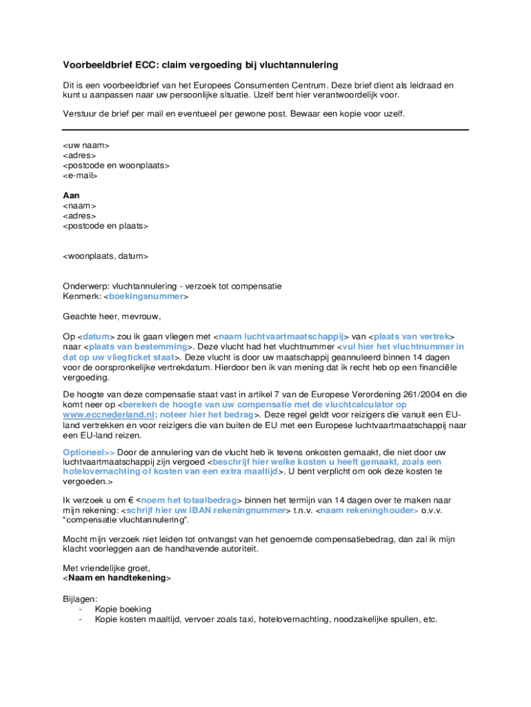 Invulbaar Online Voorbeeldbrief ECC: claim vergoeding bij ...