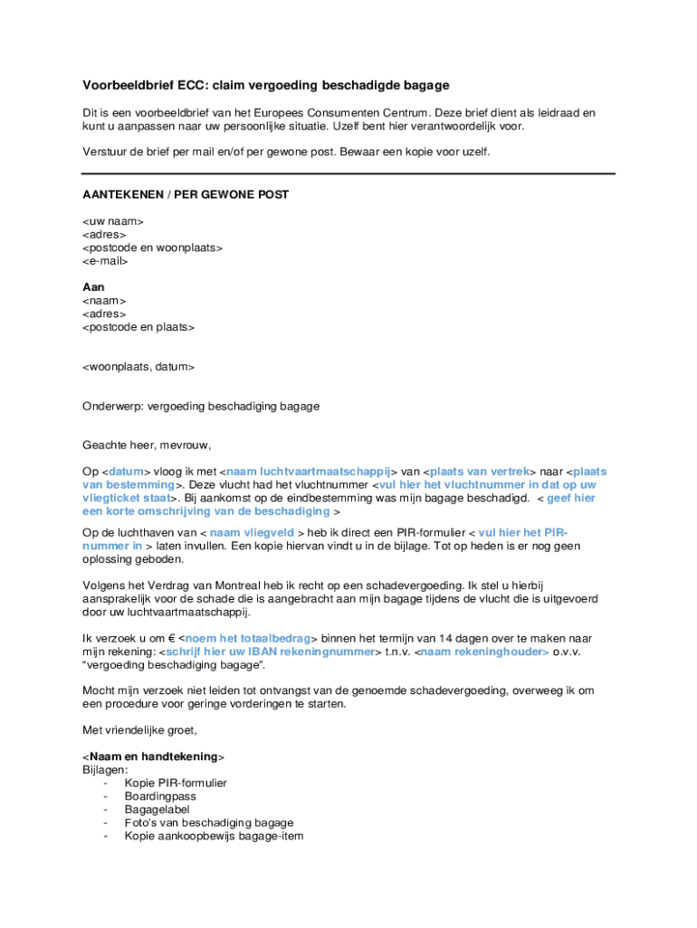 Invulbaar Online Voorbeeldbrief ECC: claim vergoeding beschadigde ...