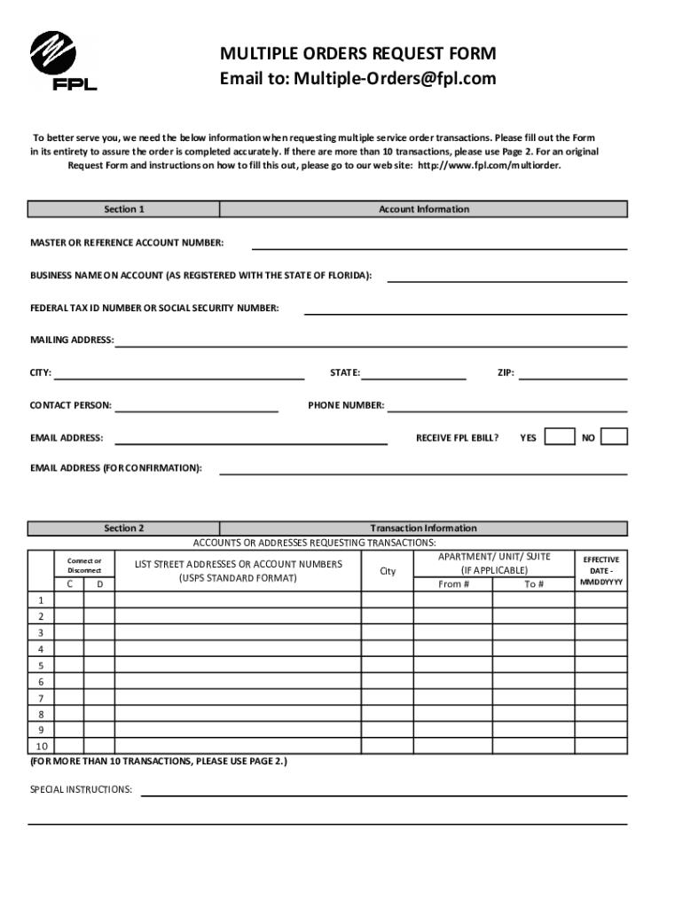 Fillable Online Fpl Multiple Order Request Form - Fill and Sign Printable ... Fax Email Print ...