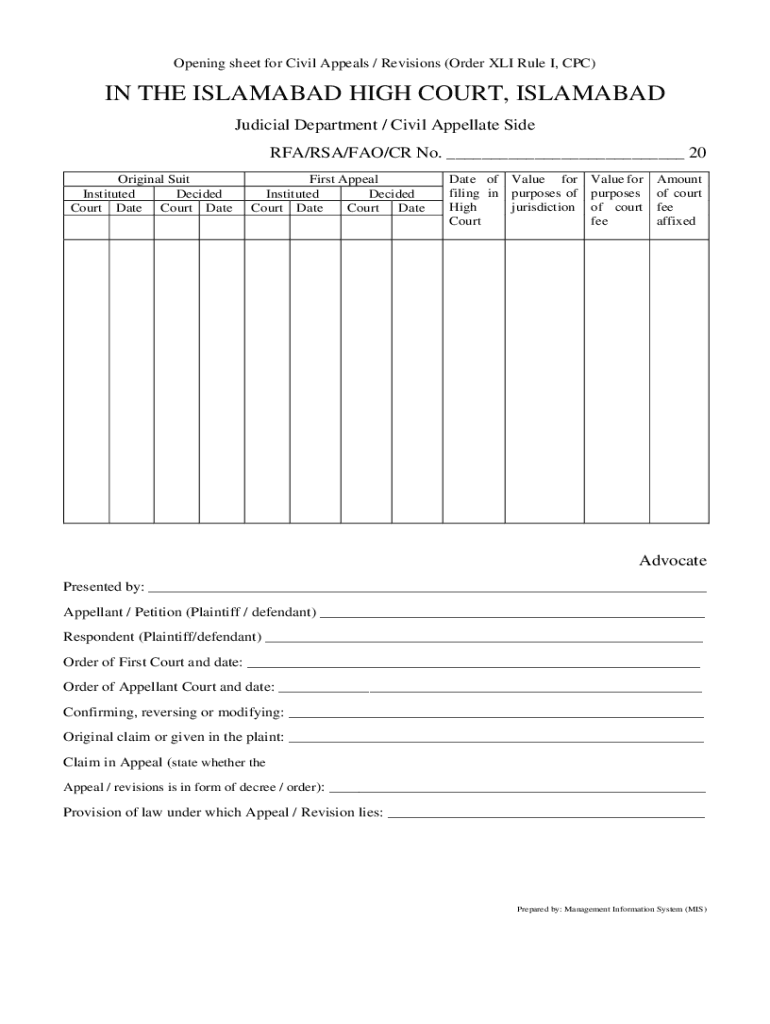Fillable Online mis ihc gov Opening sheet for Civil Appeals Fax Email ...