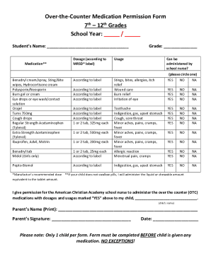 Fillable Online Over-the-Counter Medication Permission Form 7th12th ...