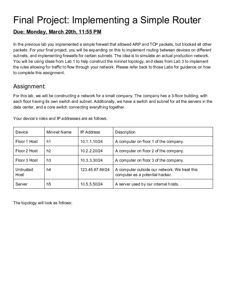 Fillable Online Final Project: Implementing a Simple Router Due ...