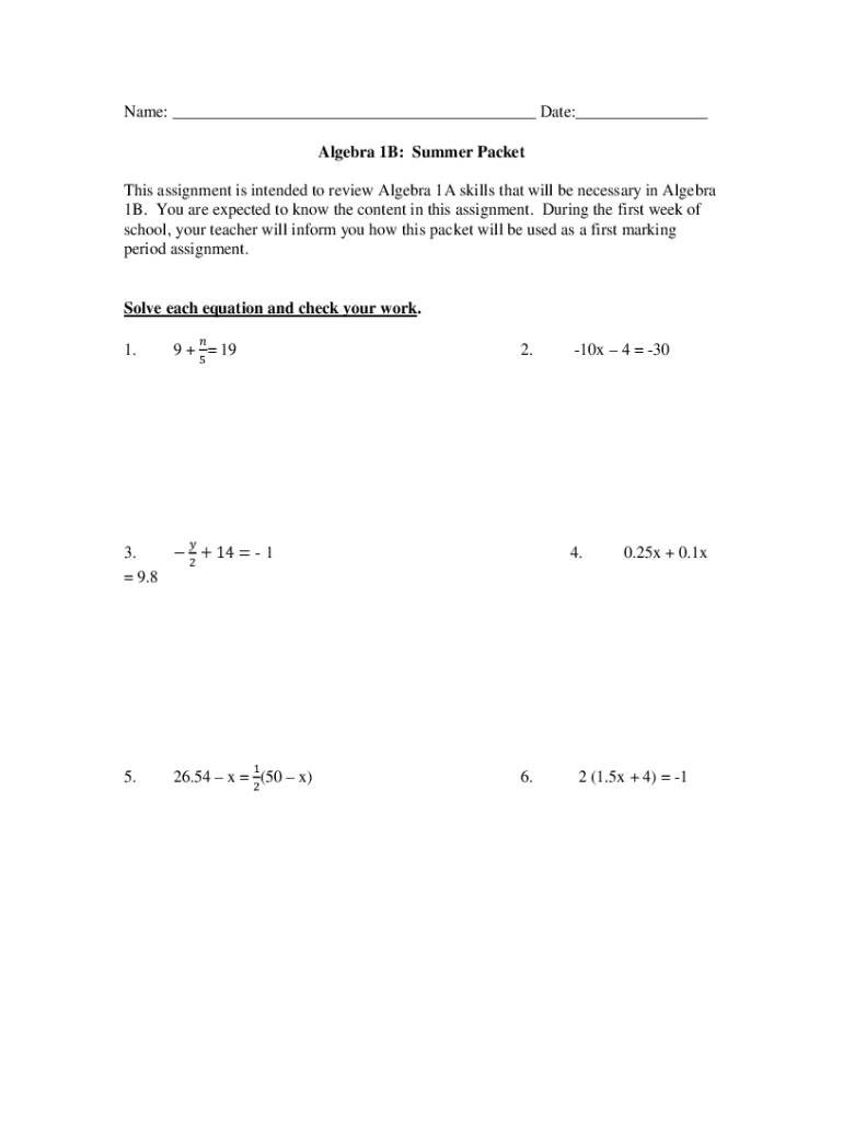 Fillable Online Algebra 1 Summer Work Packet - SharpSchool Fax Email ...