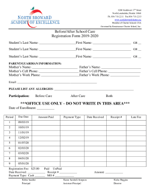 Fillable Online Before/After School Care Registration Form 2019-2020 ...
