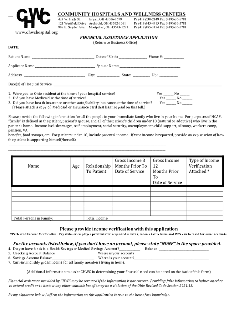 Fillable Online CHWC Healthcare ServicesBryan, Archbold, Montpelier ...