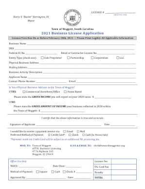 Fillable Online 2021 Business License Application - Town of Meggett Fax ...