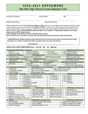 Fillable Online FRESHMAN Villa Park High School Course Selection Form ...