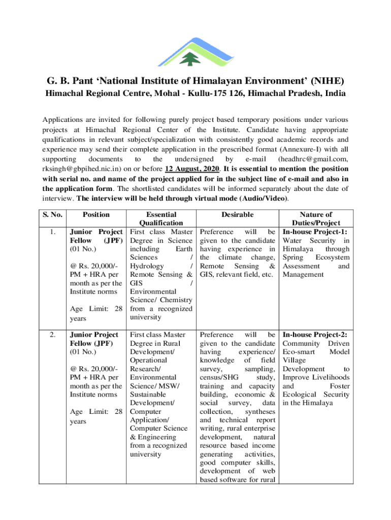 Fillable Online gbpihed gov G. B. Pant 'National Institute of Himalayan ...