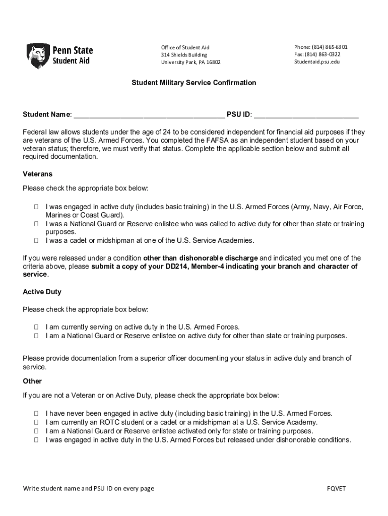 Fillable Online studentaid psu Student Military Service Confirmation ...