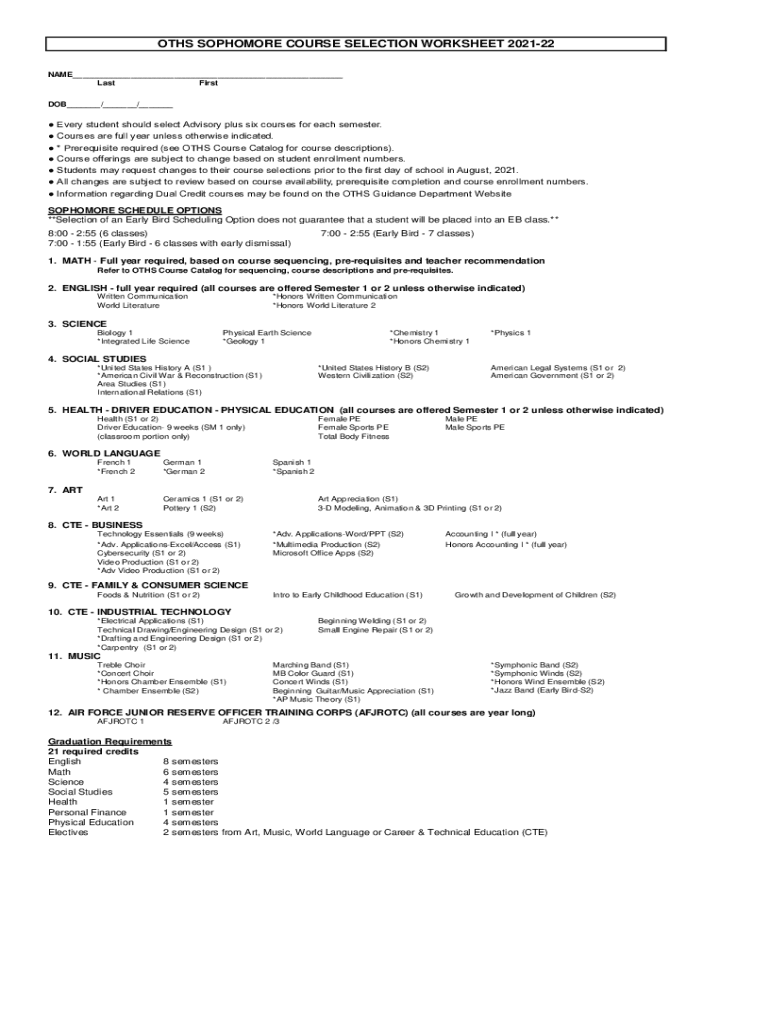 Fillable Online OTHS SOPHOMORE COURSE SELECTION WORKSHEET ... Fax Email ...