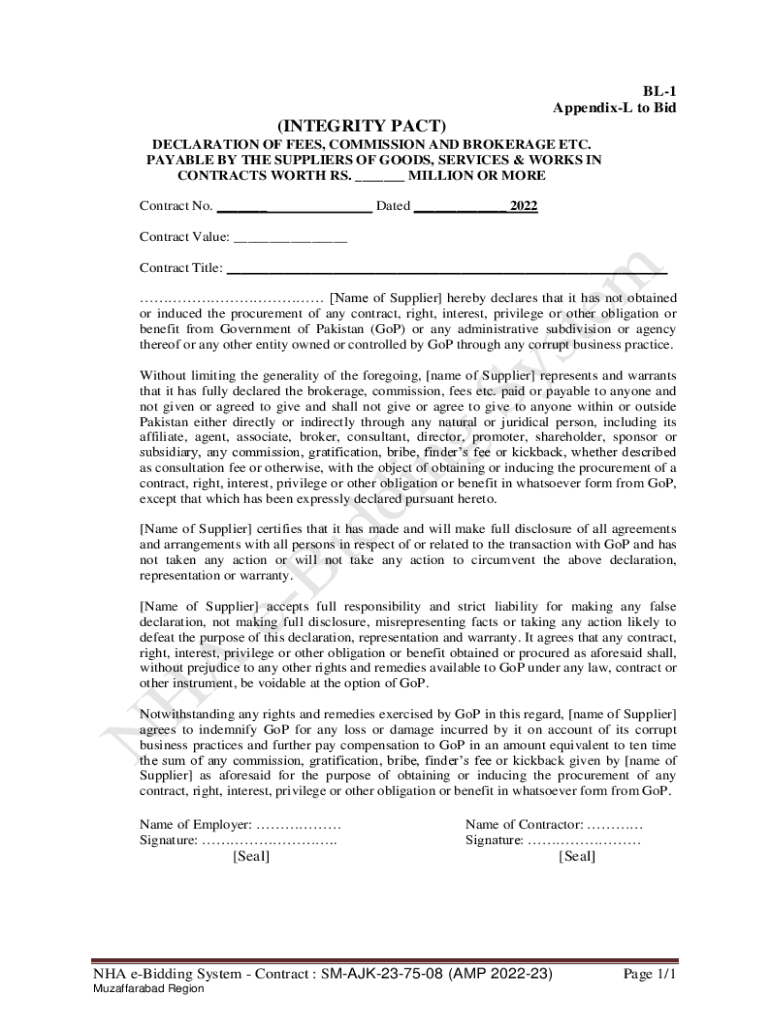 Fillable Online BL-1 Appendix-L to Bid (INTEGRITY PACT) DECLARATION ...