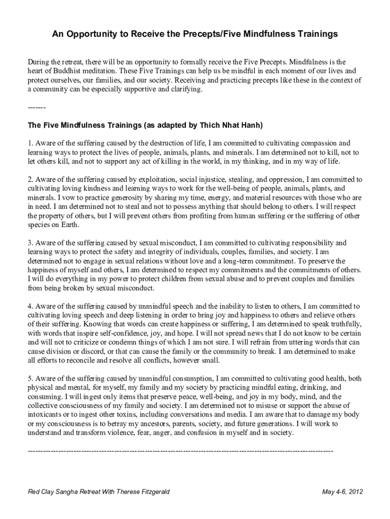 Fillable Online A Time to Study and Receive the Five Mindfulness Trainings Fax Email Print ...