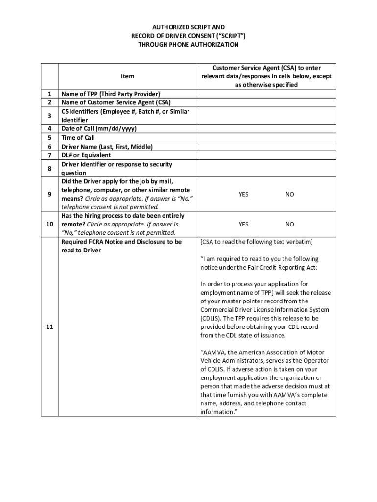 Fillable Online CDLIS Script for Verbal ConsentDriver iQ Fax Email ...