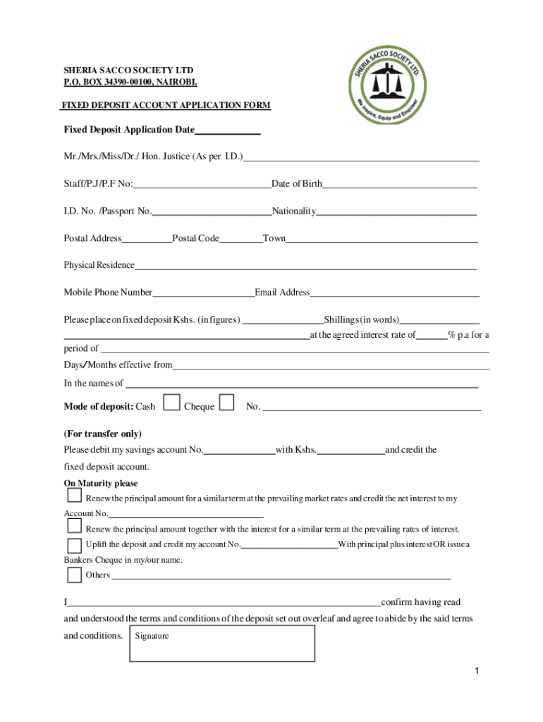 Fillable Online Fixed Deposit Application Date - Nairobi - Sheria sacco ...
