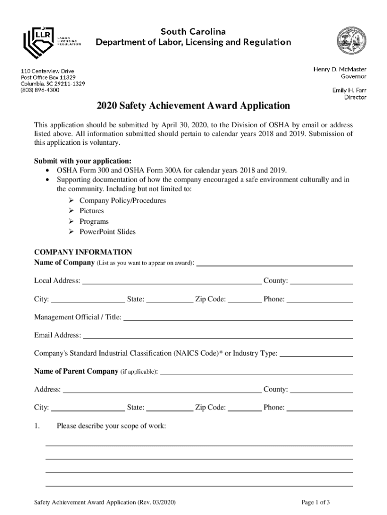 Fillable Online 2020 Safety Achievement Award Application - SC OSHA Fax ...