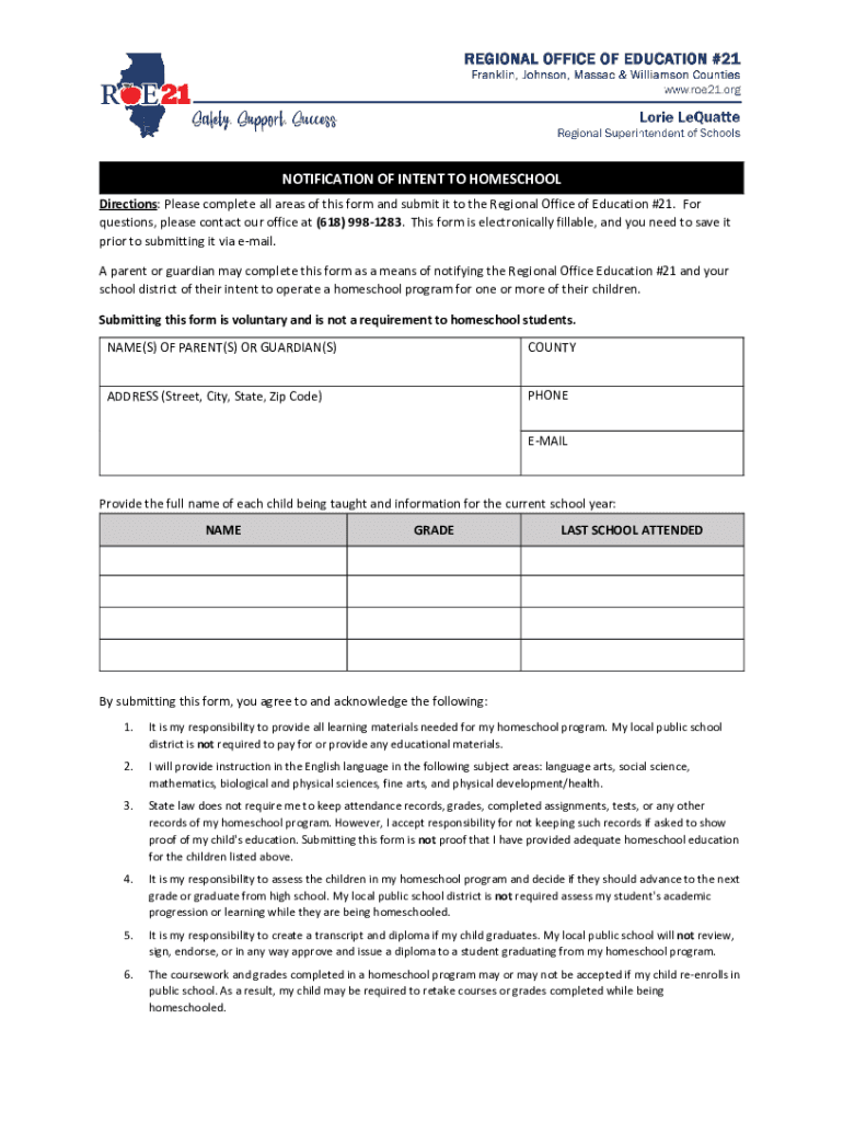 Fillable Online NOTIFICATION OF INTENT TO HOMESCHOOL - ROE #21 Fax ...