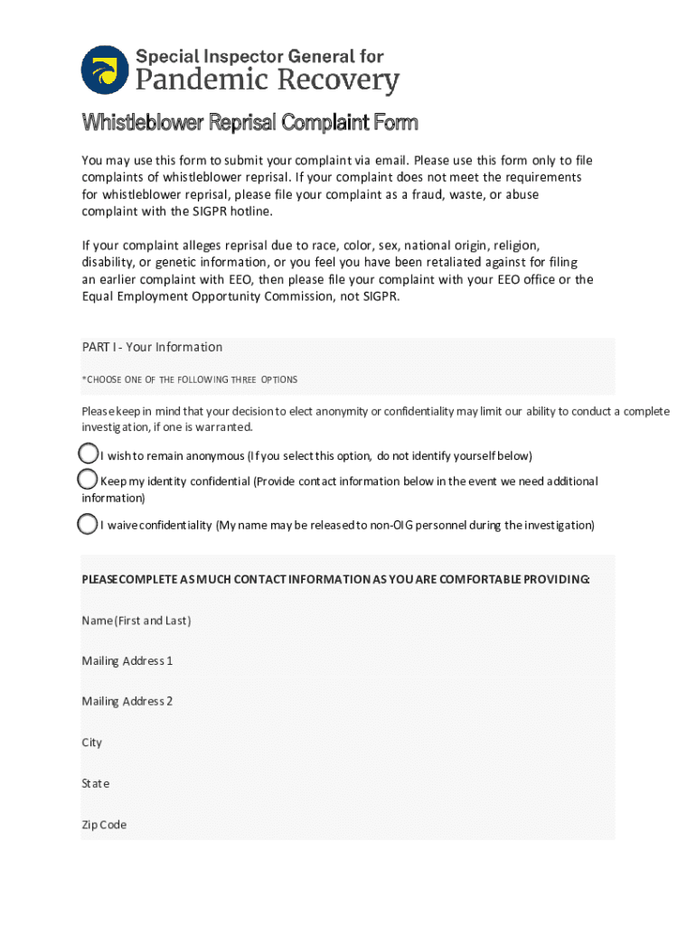 Fillable Online Whistleblower Reprisal Complaint Form - SIGPR Fax Email ... Fillable Online Whistleblower Reprisal Complaint Form - SIGPR Fax Email ...