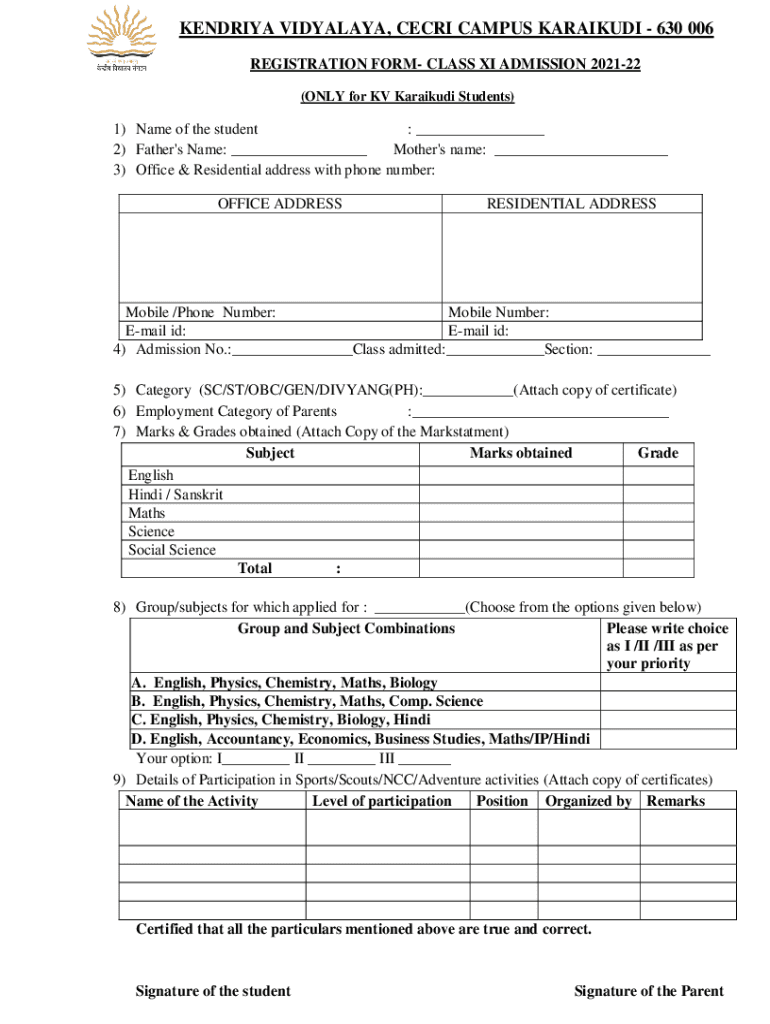 Fillable Online KV Karaikudi Cecri Online Admission Form 2022-23 Fax ...