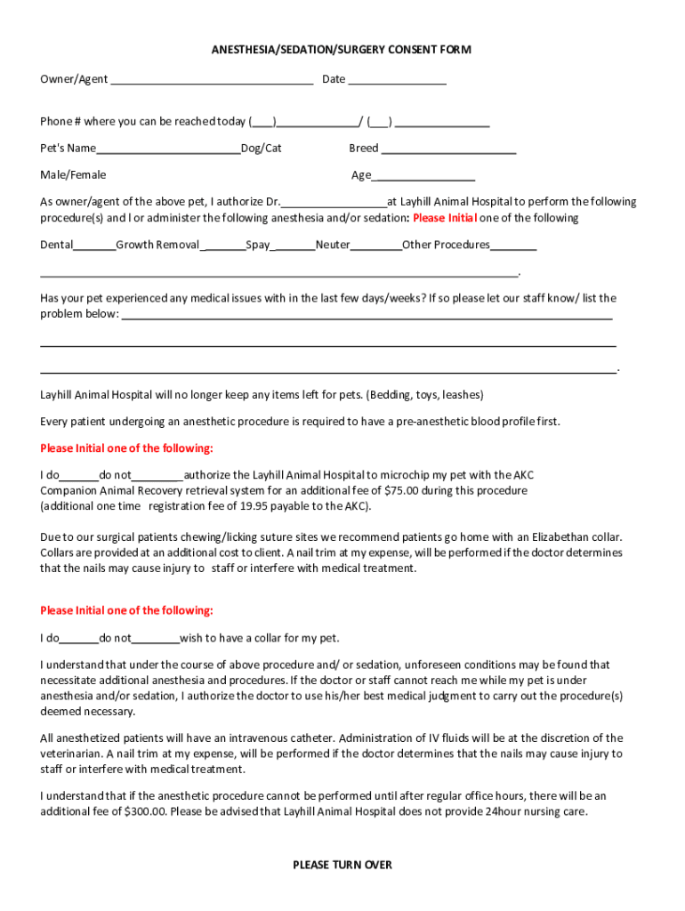 Fillable Online General Anesthesia Consent FormPoint Grey Veterinary ...