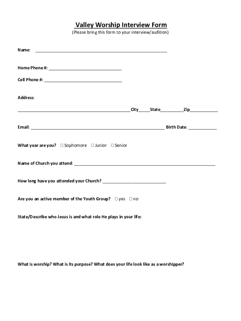 Fillable Online Valley Worship Interview Form Fax Email Print - pdfFiller