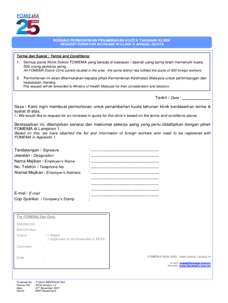 Fillable Online Request Form for Increase in Clinic's Annual Quota ...