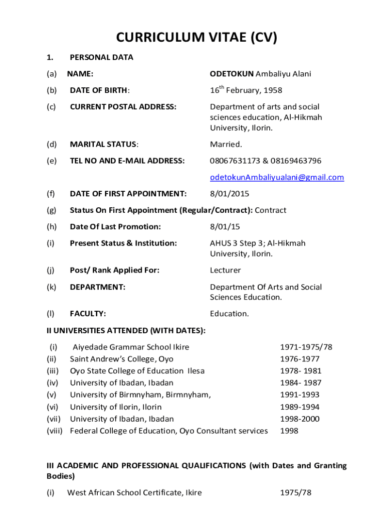 Fillable Online CURRICULUM VITAE (CV) - Al-Hikmah University Fax Email Print - pdfFiller