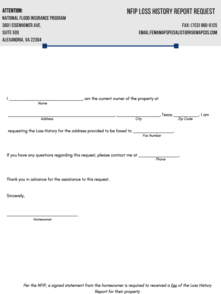 Fillable Online Flood Losses History Request Form From FEMA Due to ...