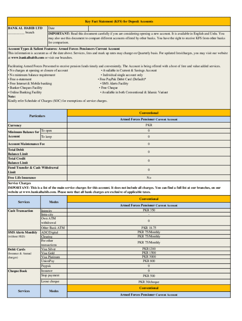 Fillable Online Key Fact Statement (KFS) for Deposit Accounts... Fax ...