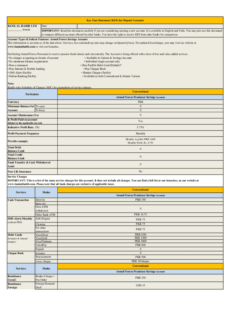 Fillable Online Key Fact Statement (KFS) for AL Habib Digital Account ...