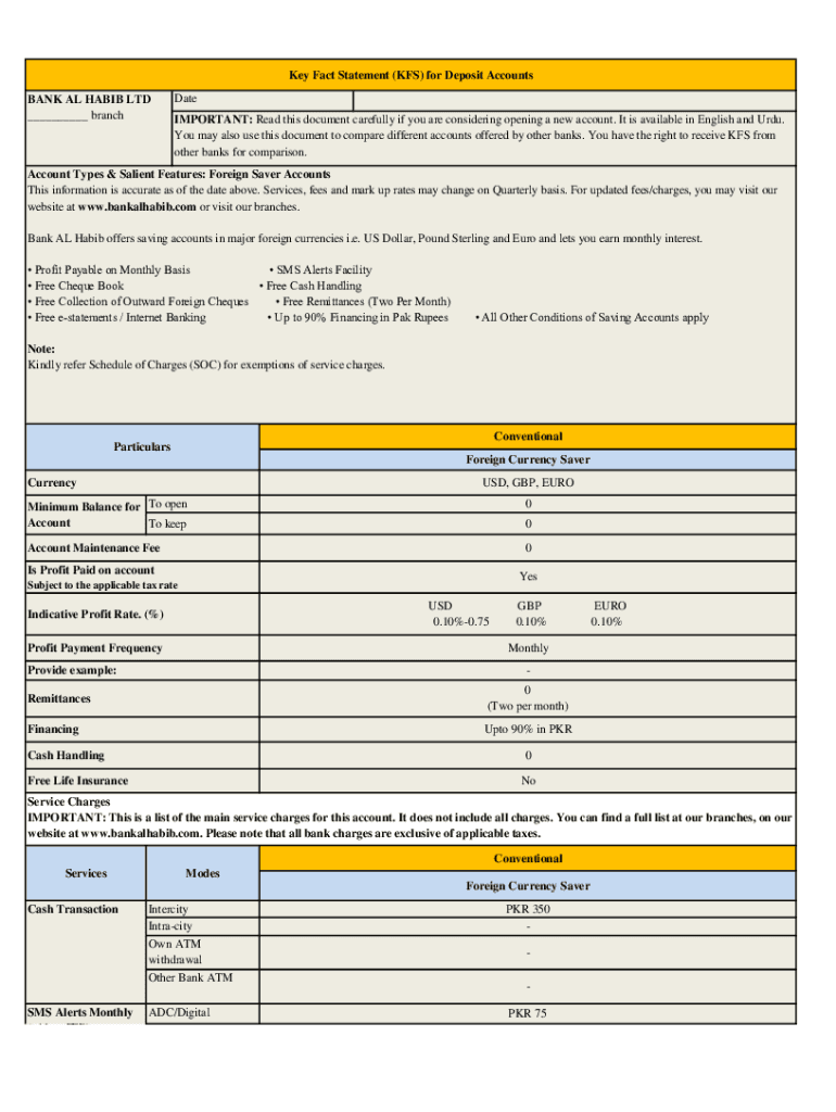 Fillable Online Key Fact Statement (KFS) for Deposit Accounts - Bank Al ...