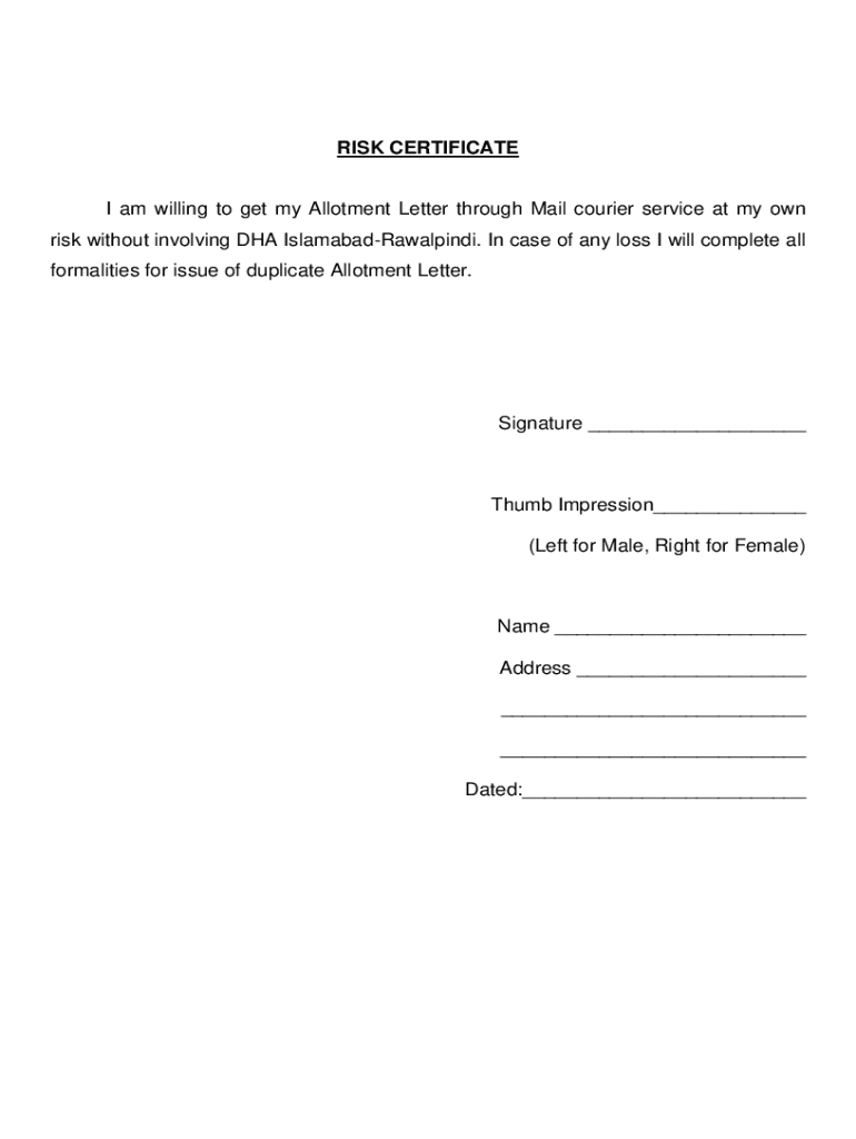 Fillable Online Risk Certificate Fax Email Print - pdfFiller