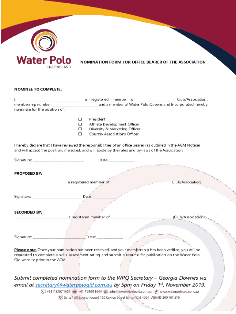 Fillable Online NOMINATION FORM FOR OFFICE BEARER OF THE ... Fax Email Print - pdfFiller