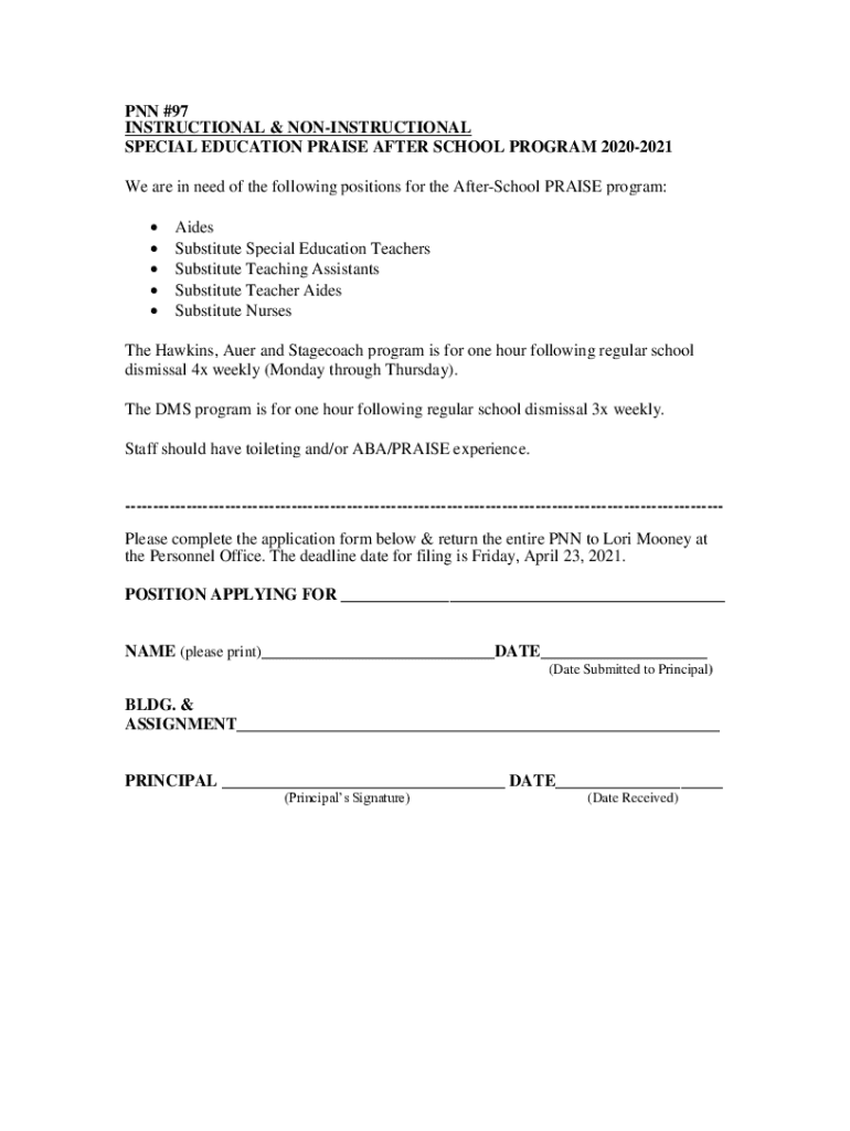 Fillable Online SPECIAL EDUCATION PRAISE AFTER SCHOOL PROGRAM 2020-2021 ...