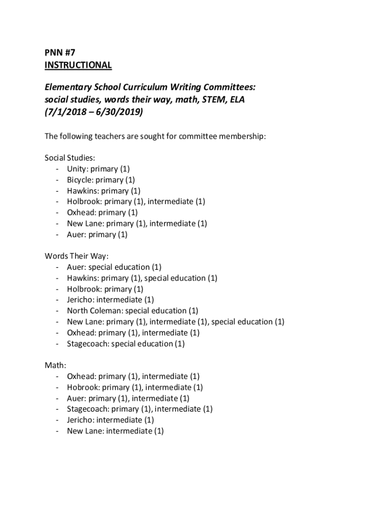 Fillable Online Elementary School Curriculum Writing Committees: Fax ...