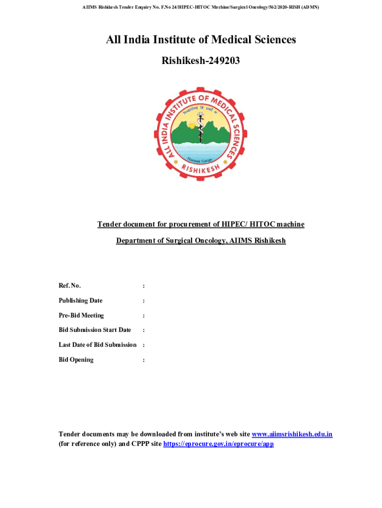 Fillable Online aiimsrishikesh edu Tender Document for Procurement of ...