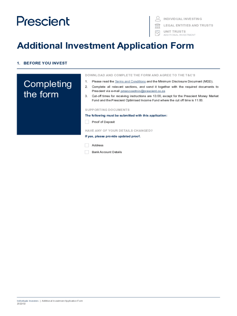 Fillable Online Additional Investment Application FormPrescient Fax ...
