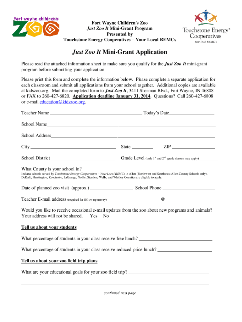 Fillable Online Just Zoo It Mini-Grant Application - Fort Wayne Children's Zoo Fax Email Print ...