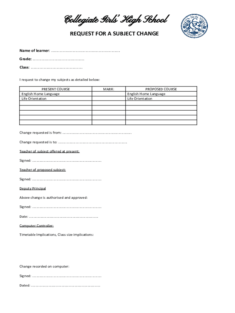 Fillable Online Collegiate Subject Change Form (2).docx Fax Email Print ...