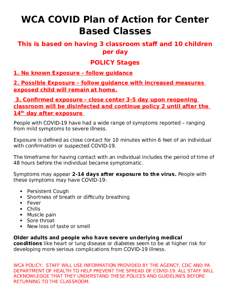 WCA COVID Plan of Action for Center Based Classes This is ... Doc Template | pdfFiller