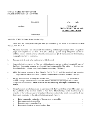 Fillable Online Civil Case Management Plan And Scheduling Order (Judge ...