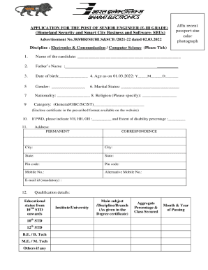 Fillable Online Freshersnow.com BEL Senior Engineer Application Form ...