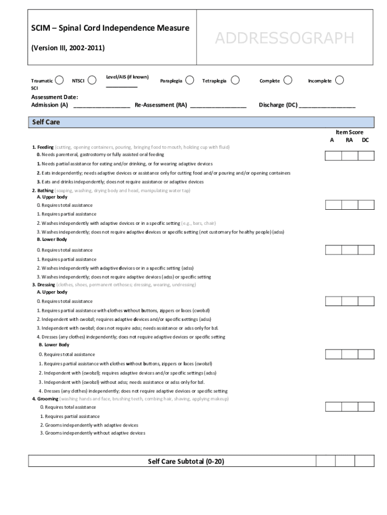Fillable Online Spinal Cord Independence Measure Version Iii Scim Iii