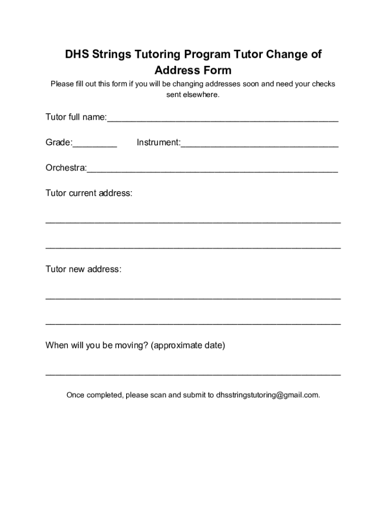 Fillable Online DHS Strings Tutoring Program Tutor Change of Address ...
