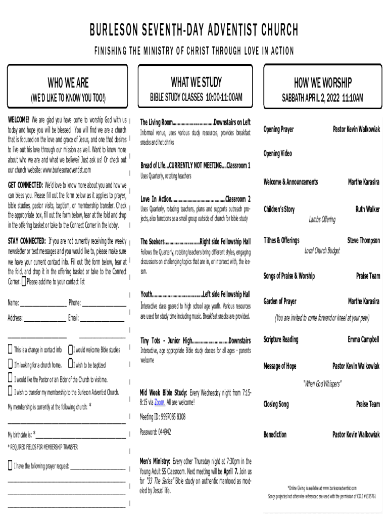 Fillable Online BULLETIN - Burleson Adventist Church Fax Email Print ...