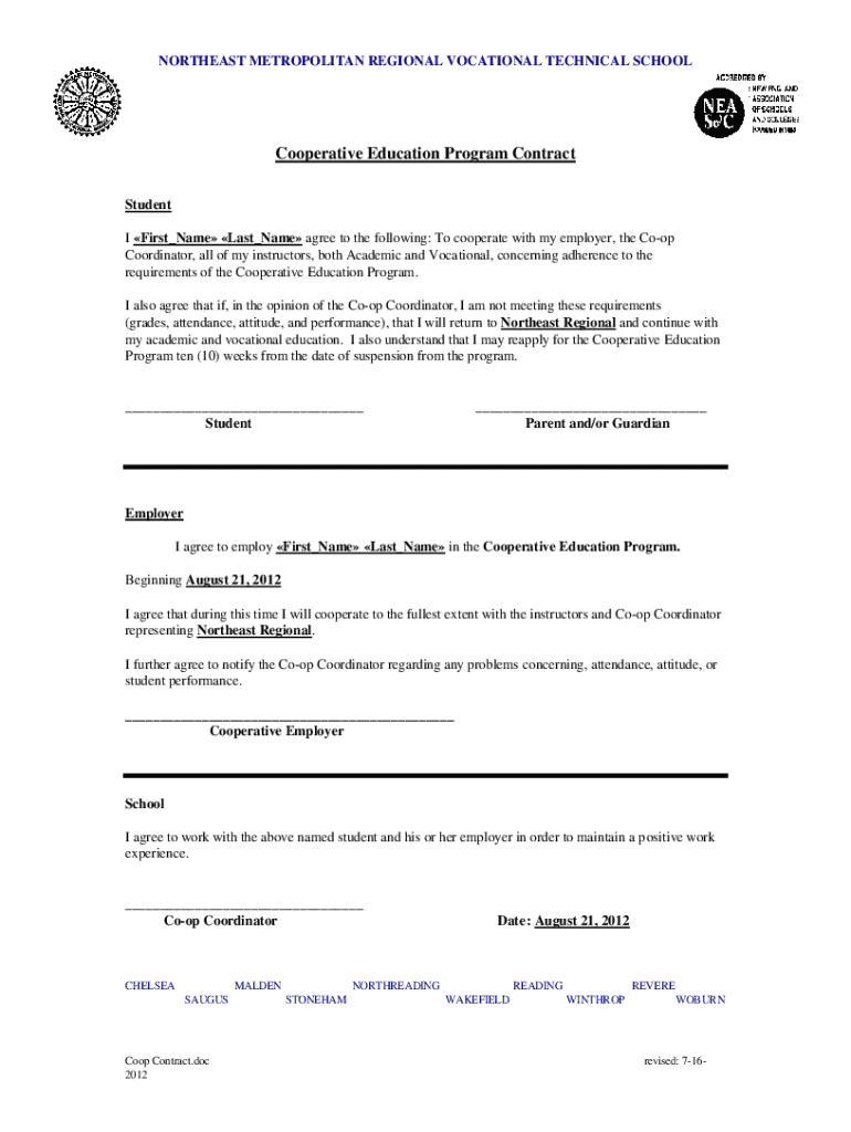 Fillable Online Sample Cooperative Education Agreement - Mass.gov Fax ...