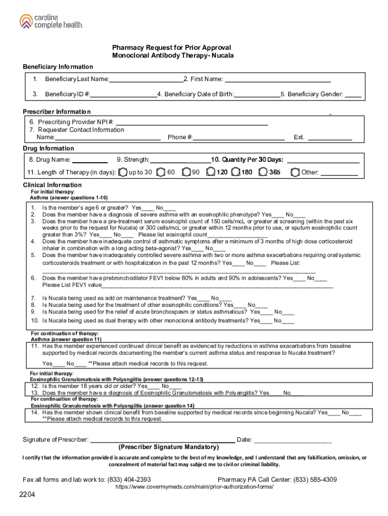 Fillable Online Pharmacy Request for Prior Approval Monoclonal Antibody ... Fax Email Print ...